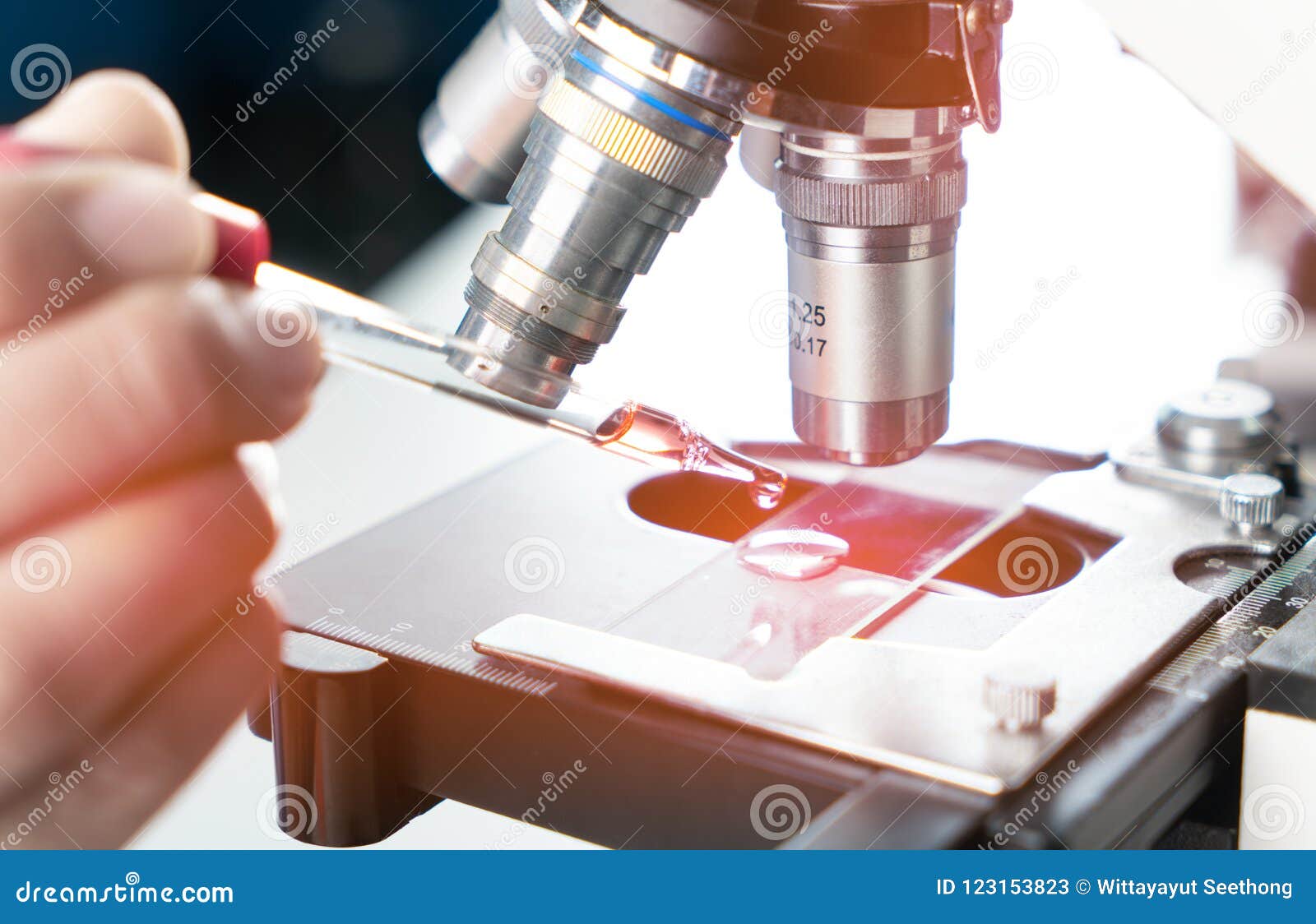 Hands of Young Asian Man and White Microscope in Science Laboratory ...