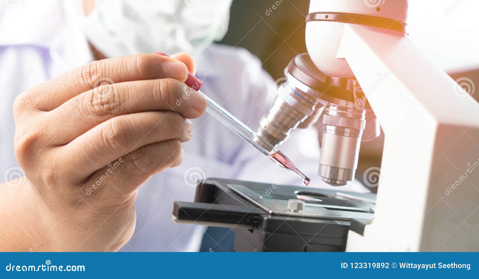 Hands of Young Asian Man and White Microscope in Science Laboratory ...