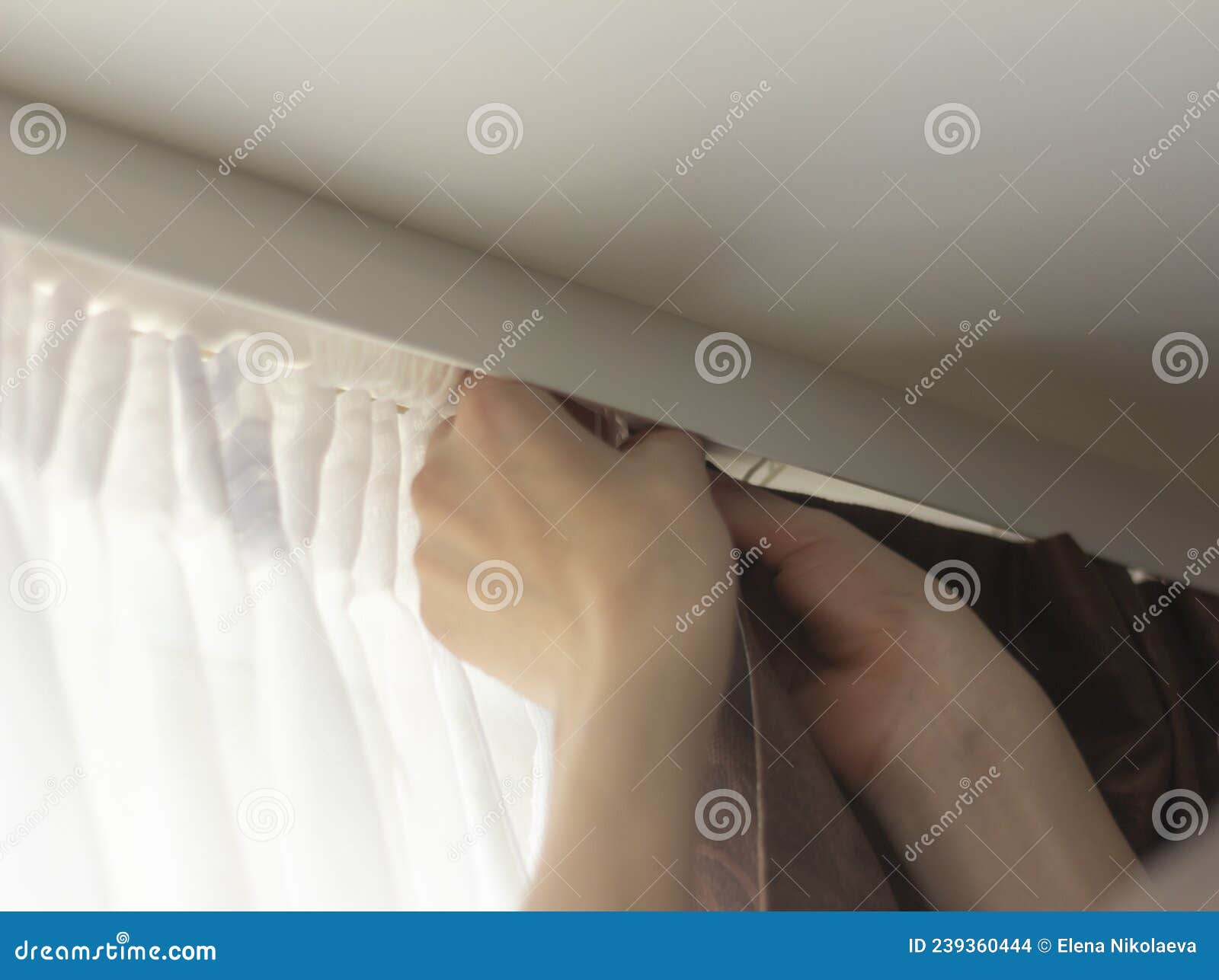 Hands of a Young Man Hang Curtains on the Ledge on the Window Stock ...