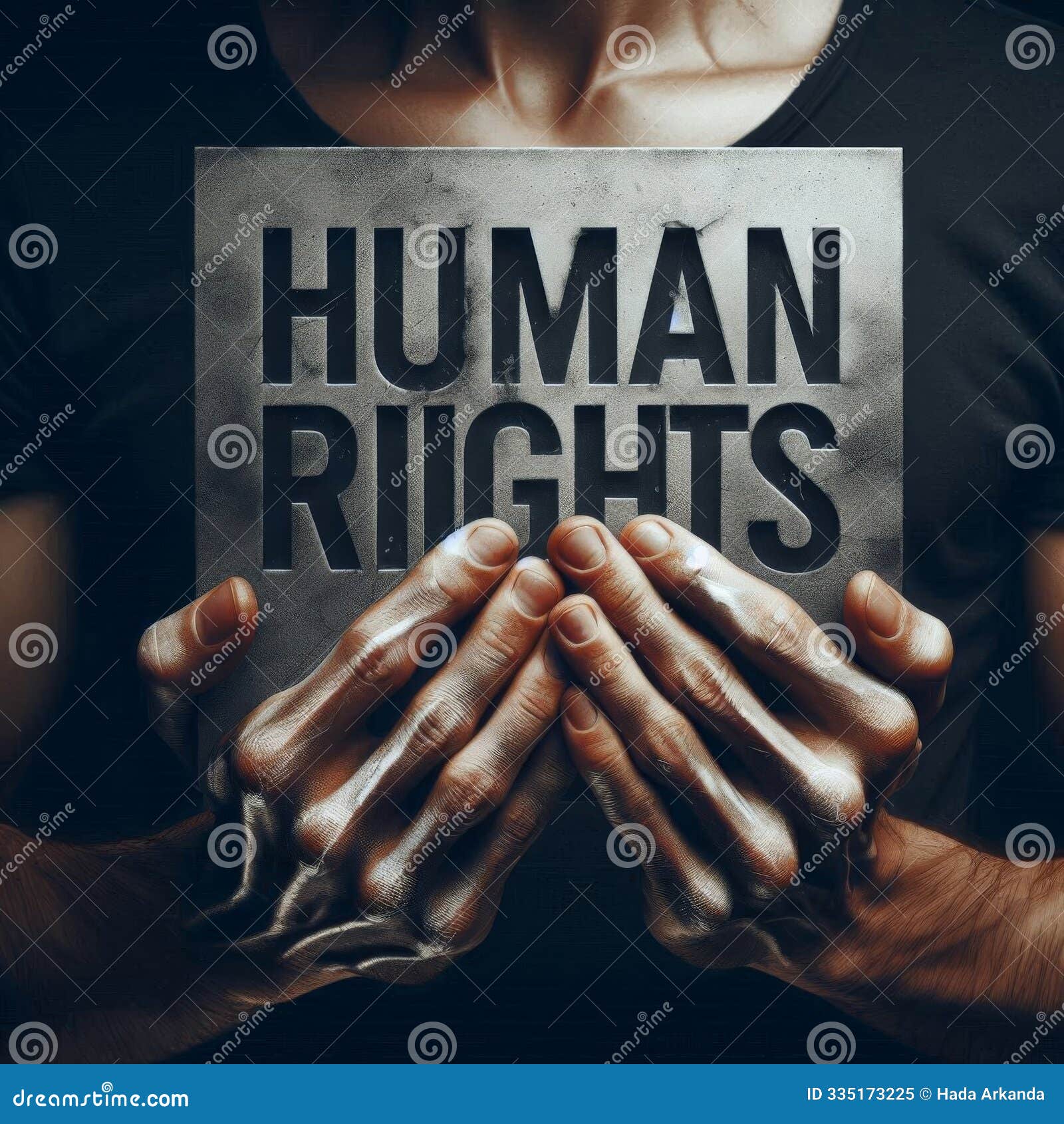 Hands of a Young Man Holding Human Rights Sign, Dramatic Closeup with ...
