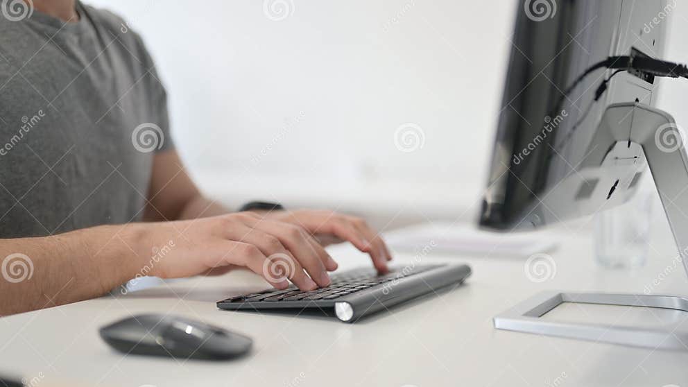 Hands of Young Man Typing on Keyboard, Close Up Stock Photo - Image of ...