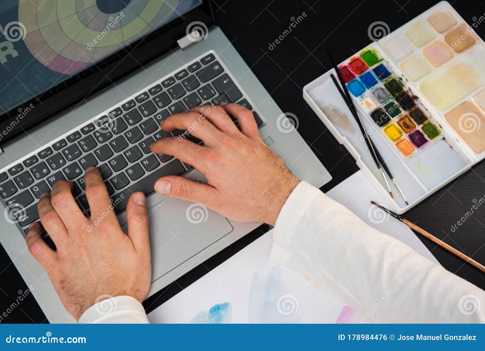 Hands of Young Man Working on the Laptop. Concept of Graphic Designer ...