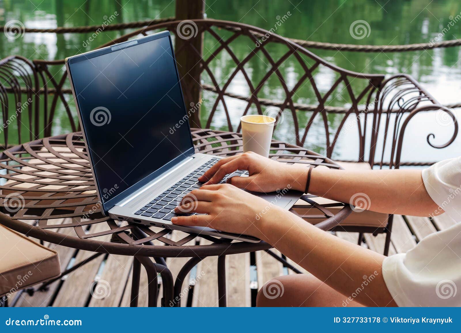 Hands of Young Woman Working on Laptop Outside Stock Photo - Image of ...