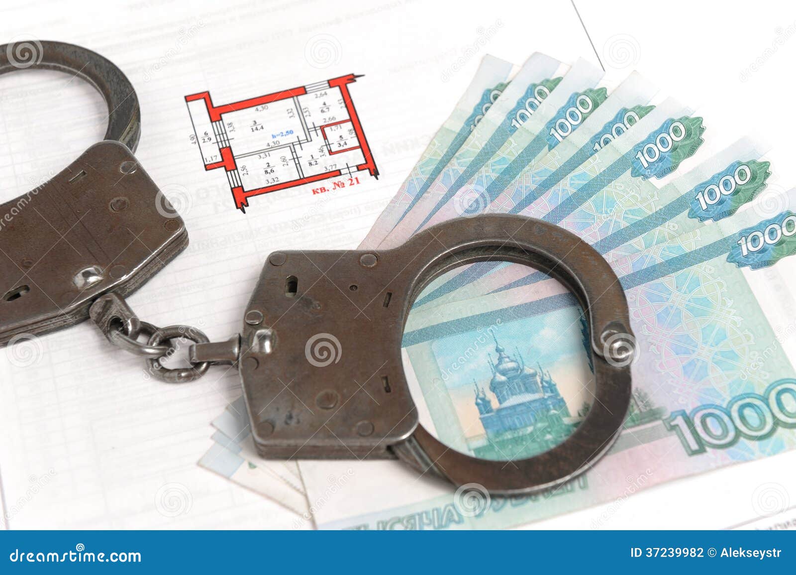 Handschellen, Geld Und Technischer Pass Mit Dem Plan Stockfoto - Bild ...