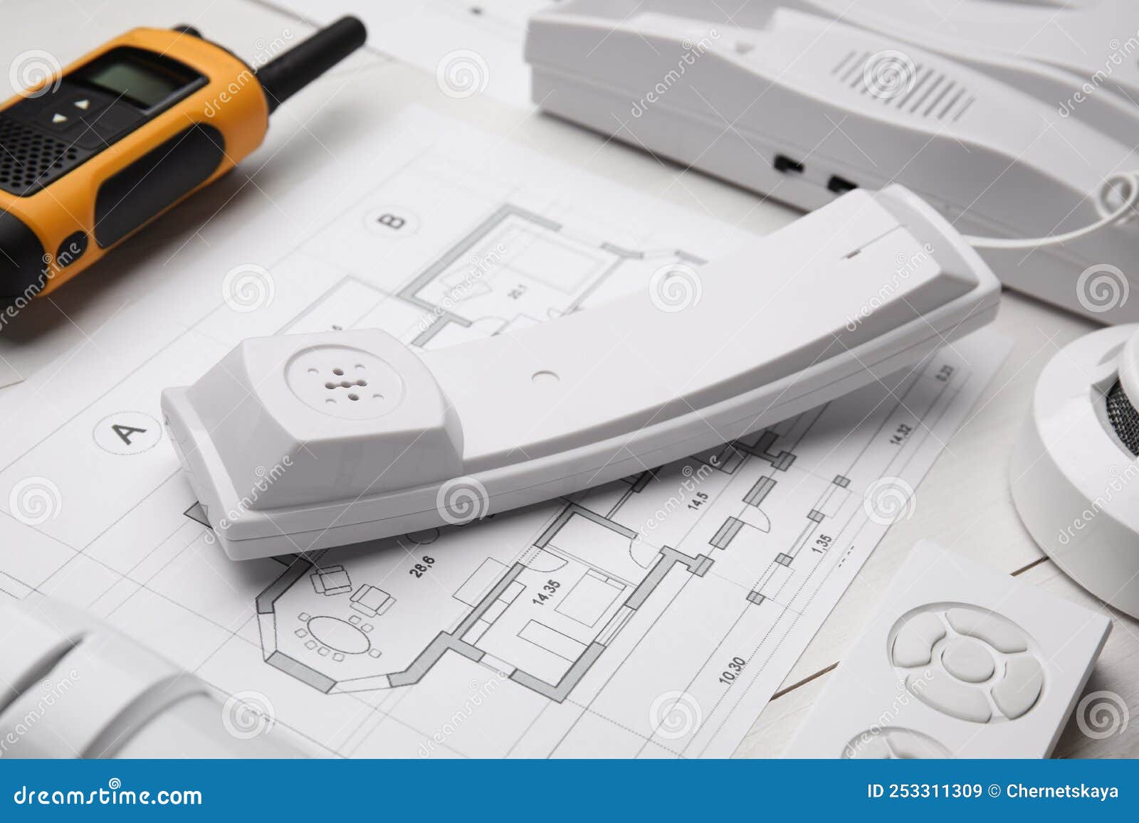 Handset of Intercom, Building Plan, Remote Control and Walkie Talkie on ...