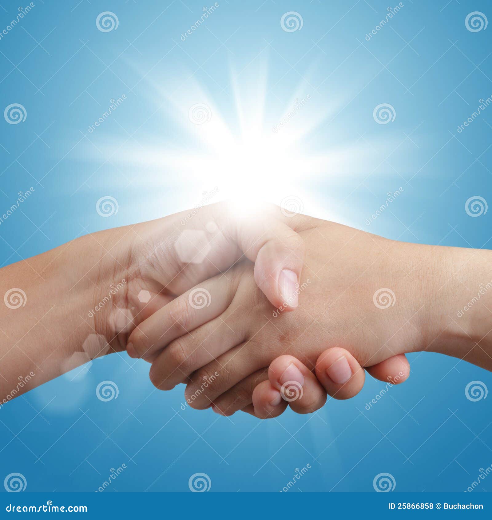 Handshake on Blue Sky and Sunlight Stock Photo - Image of flare, light ...