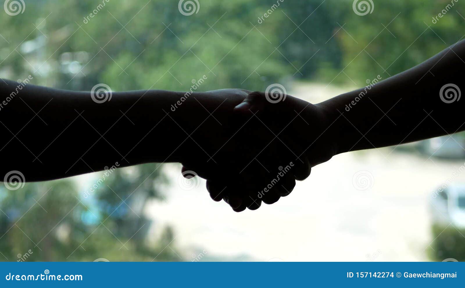 A Handshake with a Blurry Window with View of Trees` Greenery Outside ...