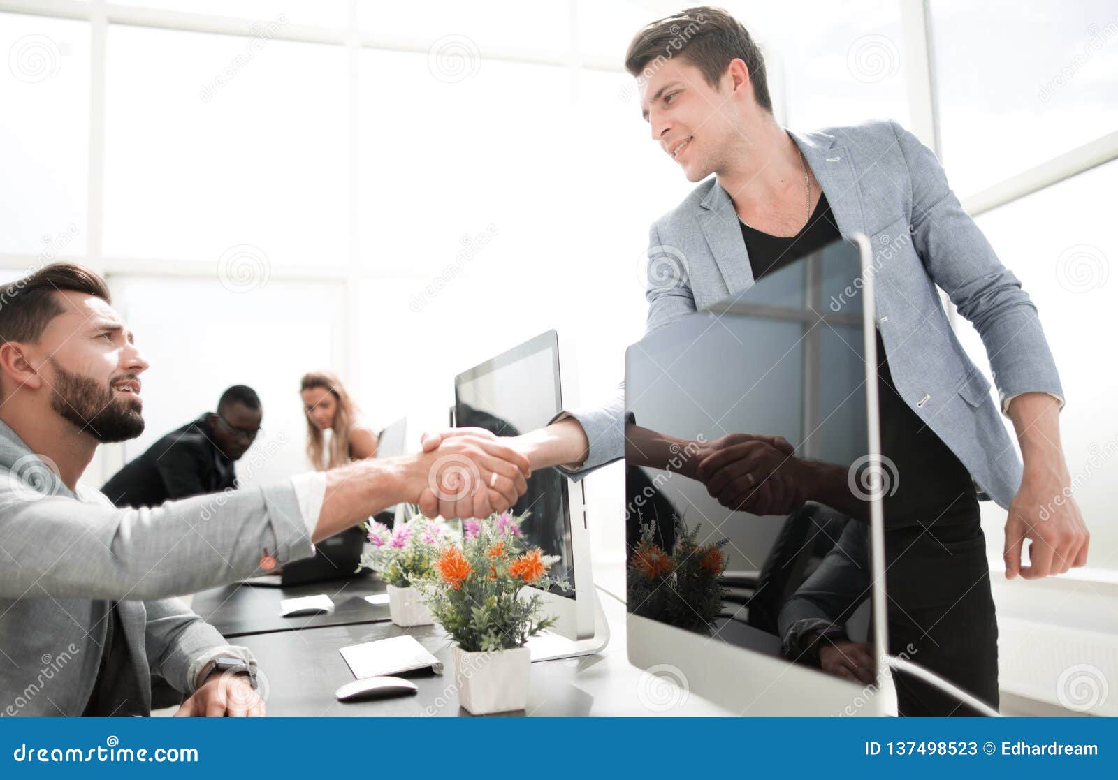 Handshake Colleagues in the Computer Room Stock Image - Image of ...