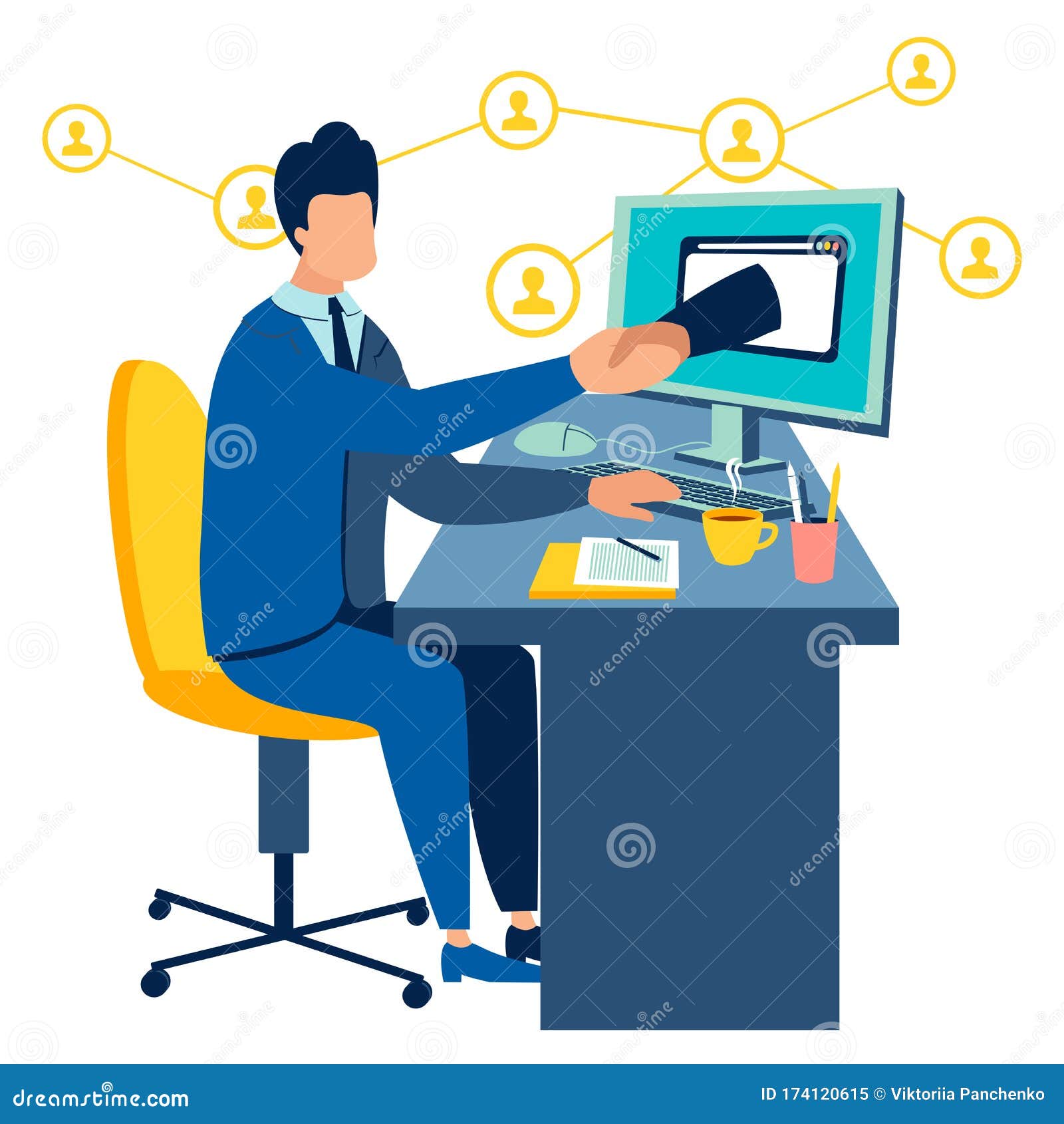 Handshake through Computer Monitor. Cartoon Raster Illustration Flat ...
