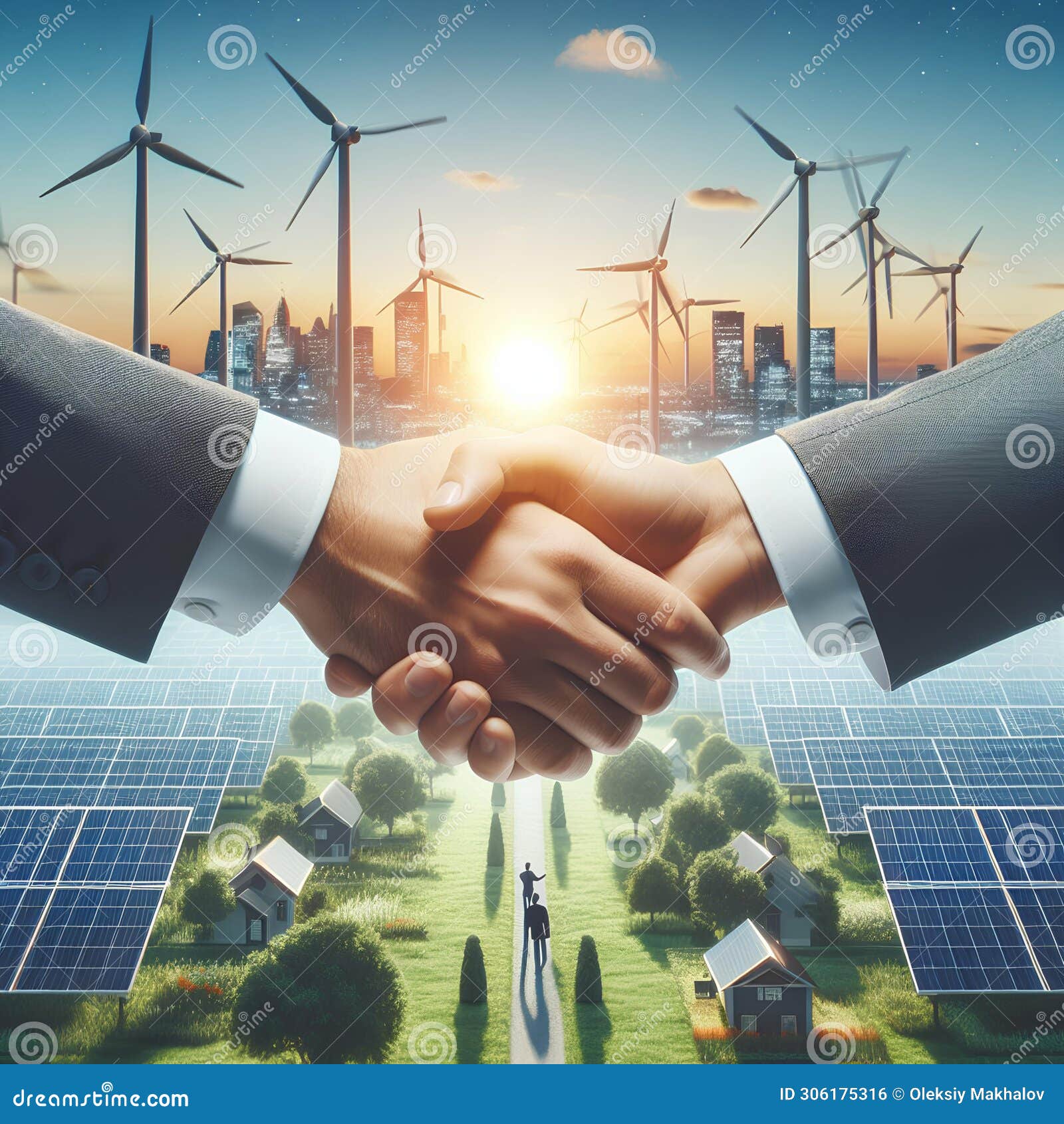 Handshake in Front of Solar Pannels and Wind Turbines Stock ...