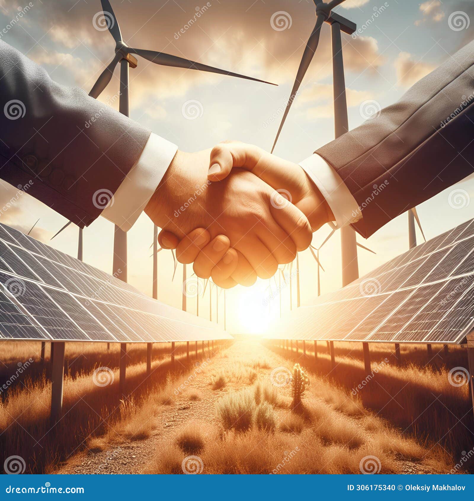 Handshake in Front of Solar Pannels and Wind Turbines Stock ...