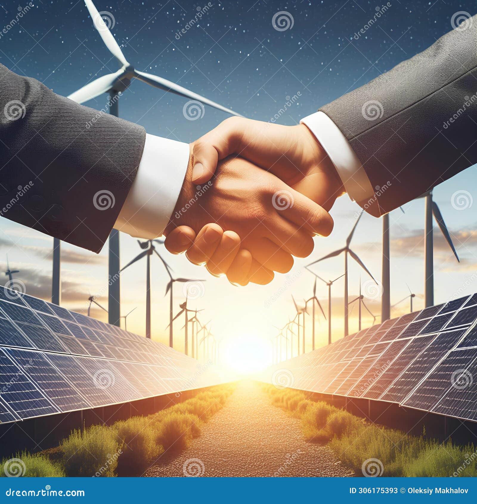 Handshake in Front of Solar Pannels and Wind Turbines Stock ...