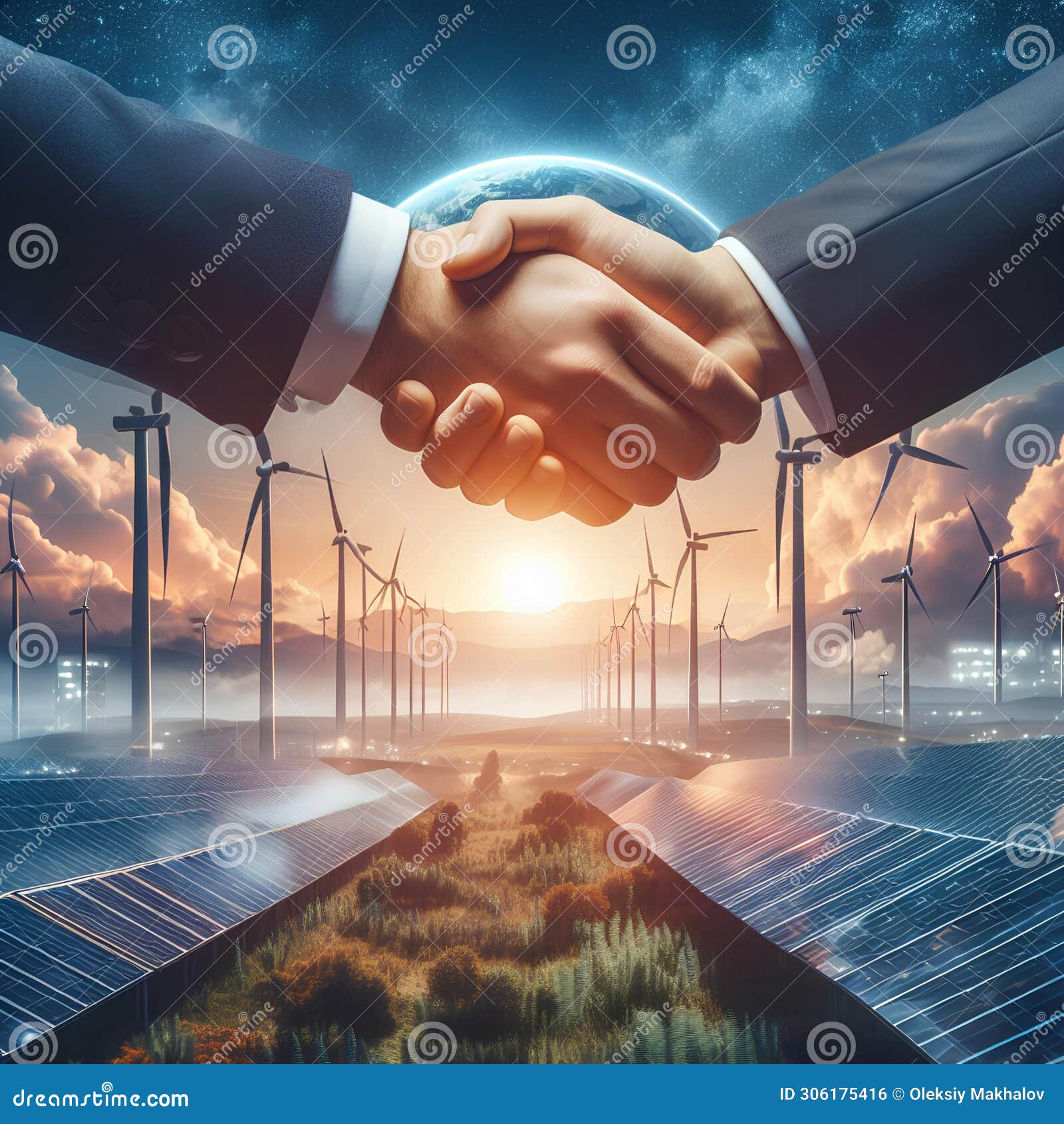 Handshake in Front of Solar Pannels and Wind Turbines Stock ...