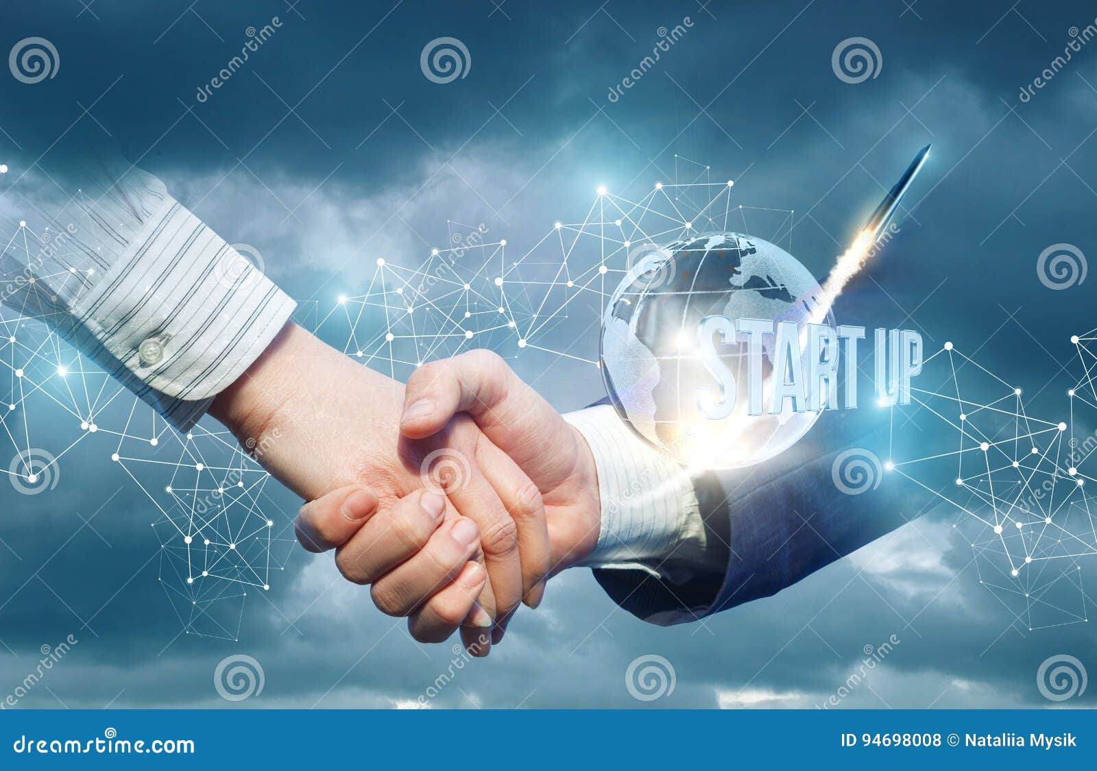 A Handshake and a Globe with a Rocket . Stock Photo - Image of globe ...
