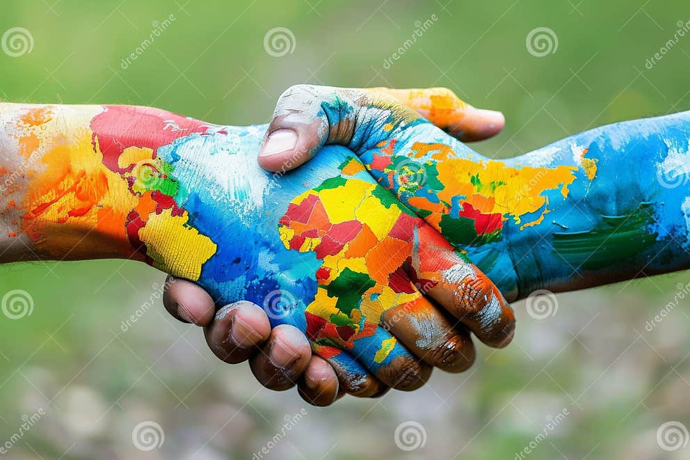 Handshake with Hands Painted in World Map Colors Stock Photo - Image of ...