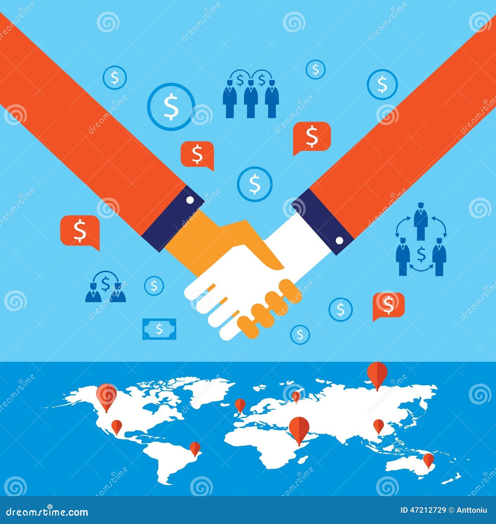 Handshake and Icons for Web on World Map Background Successful Business ...