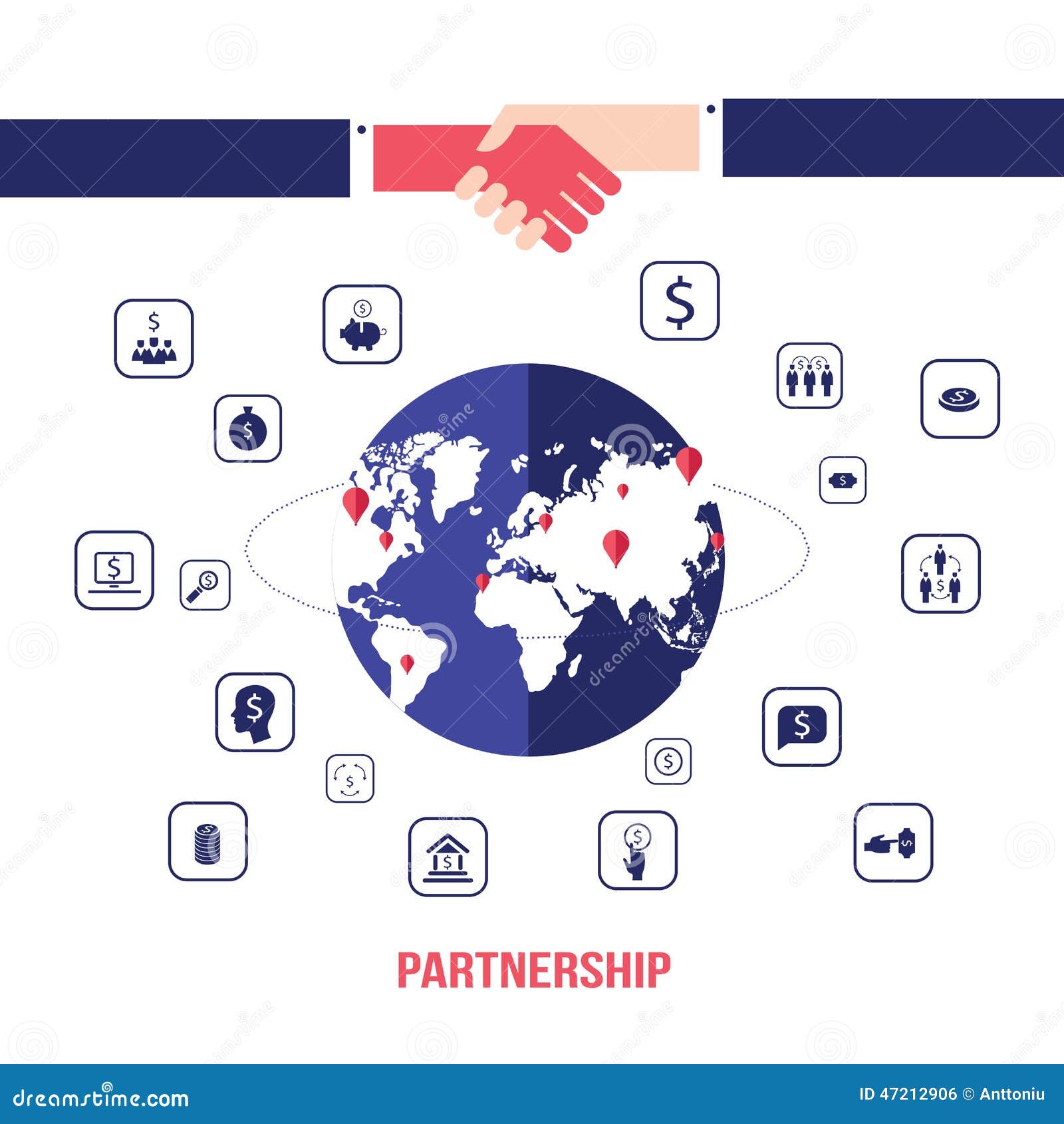 Handshake and Icons for Web on World Map Background Successful Business ...