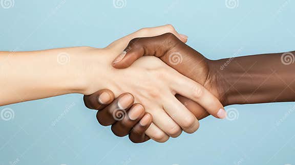 Handshake between a Light-skinned and Dark-skinned Hand Against a Blue ...