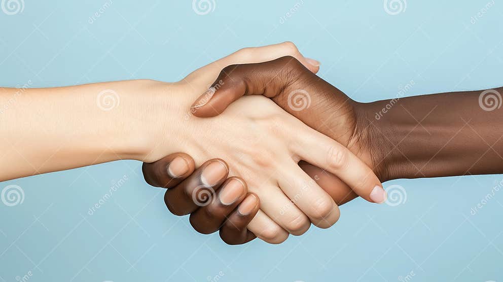 Handshake between a Light-skinned and Dark-skinned Hand Against a Blue ...