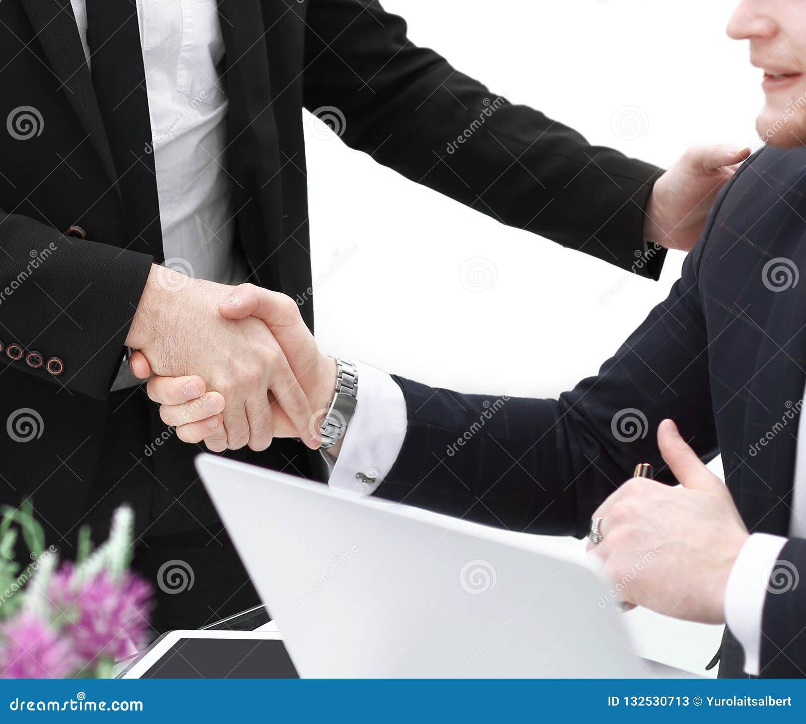 Handshake Manager and Client, Near the Table in the Office.photo with ...