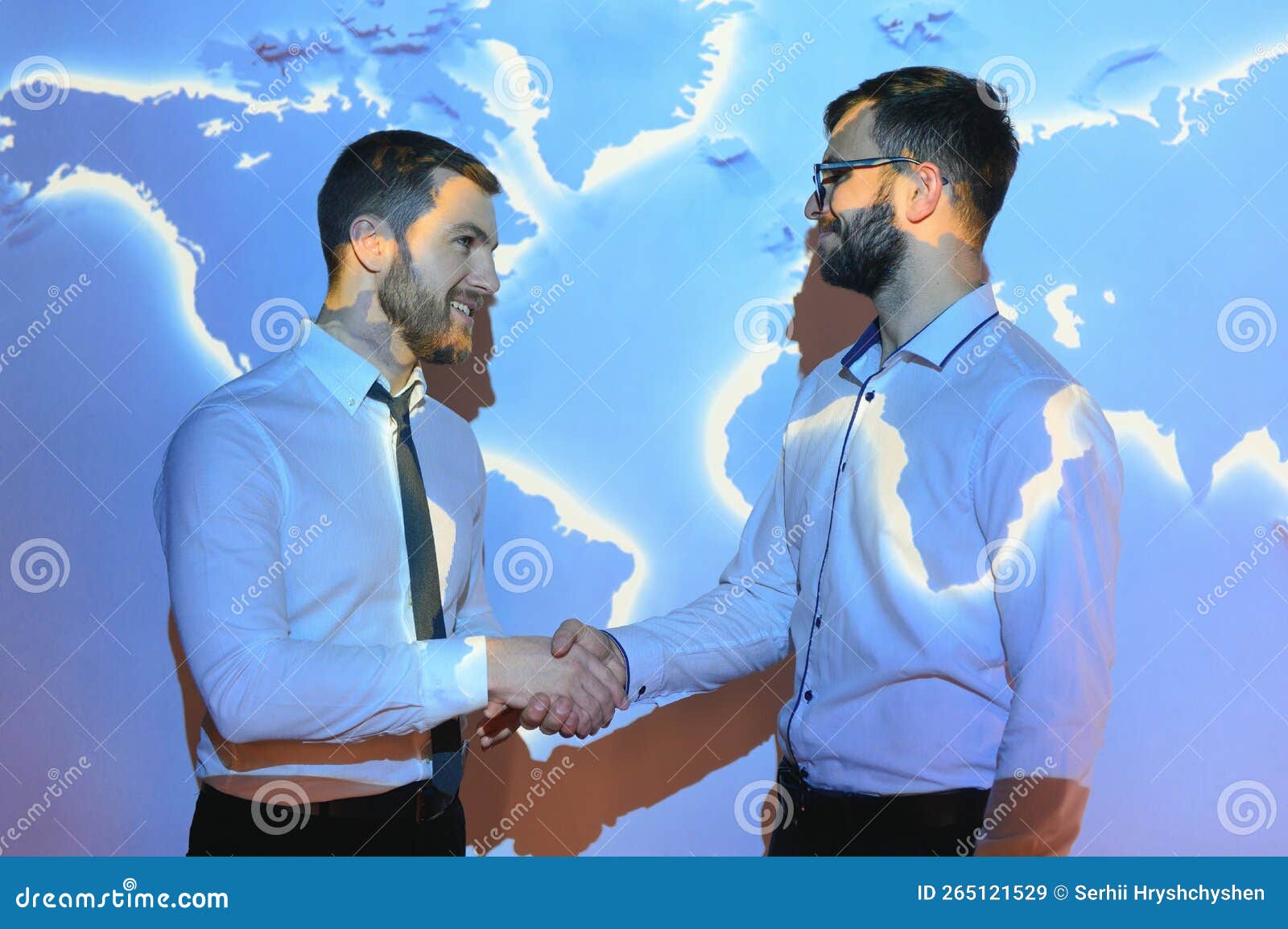 Handshake with Map of the World in Background Stock Image - Image of ...