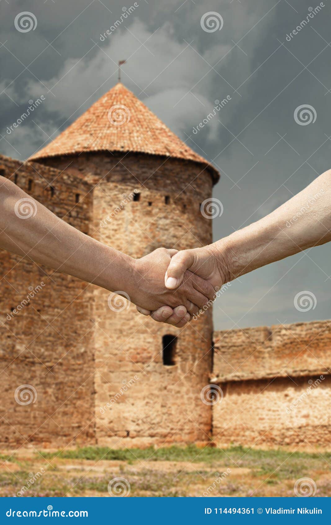Handshake with Medieval Fort Stock Image - Image of history, harmony ...