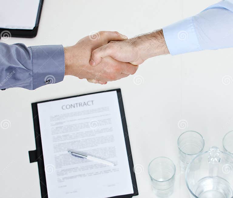 Handshake Over Contract on Table Stock Image - Image of deal ...