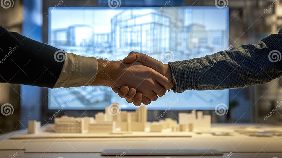 A Handshake Over a Model and Digital Display Symbolizing Collaboration ...