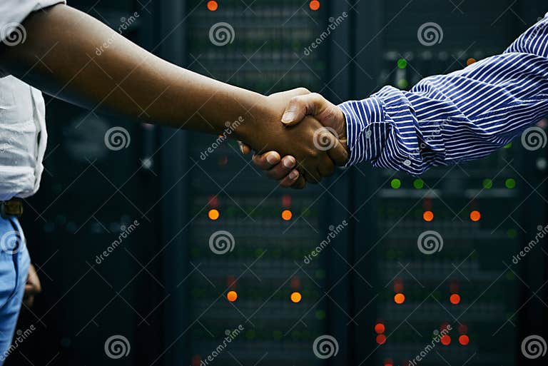 Handshake, Partnership or People in Server Room of Data Center Worker ...