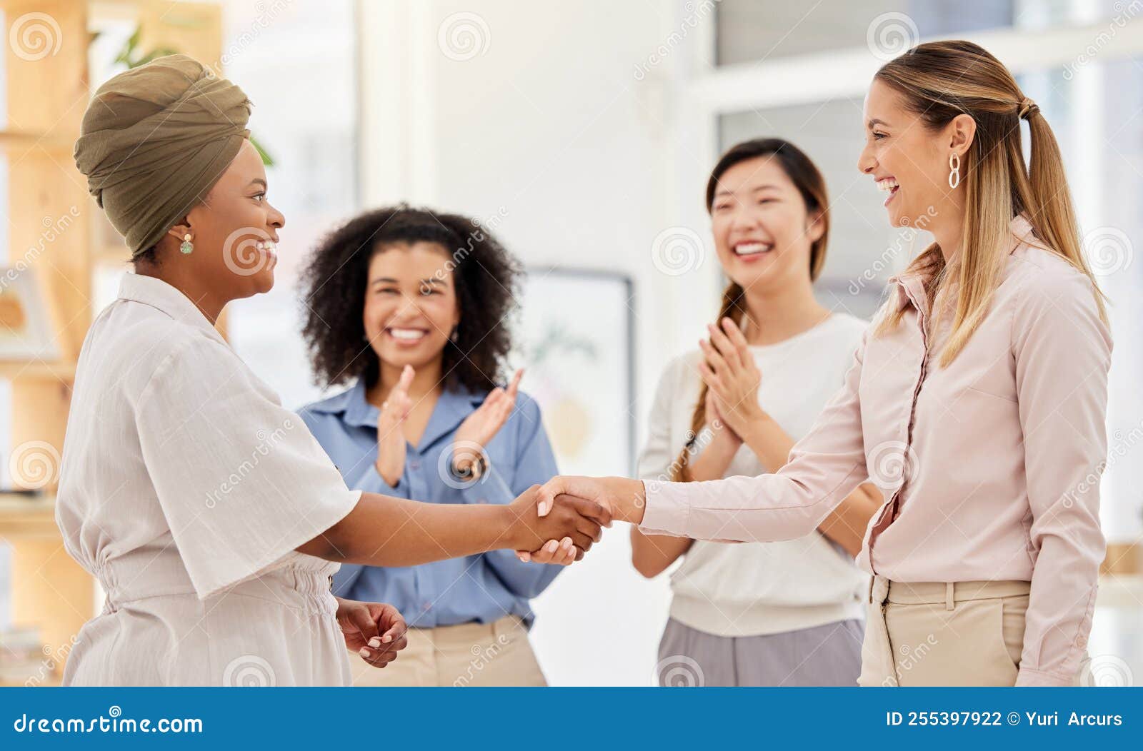 Handshake Promotion Or Welcome Happy Business Women Meeting In Office