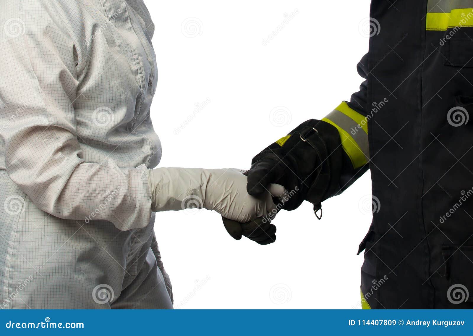 Handshake of a Scientist in a White Protective Suit and a Fireman Stock ...