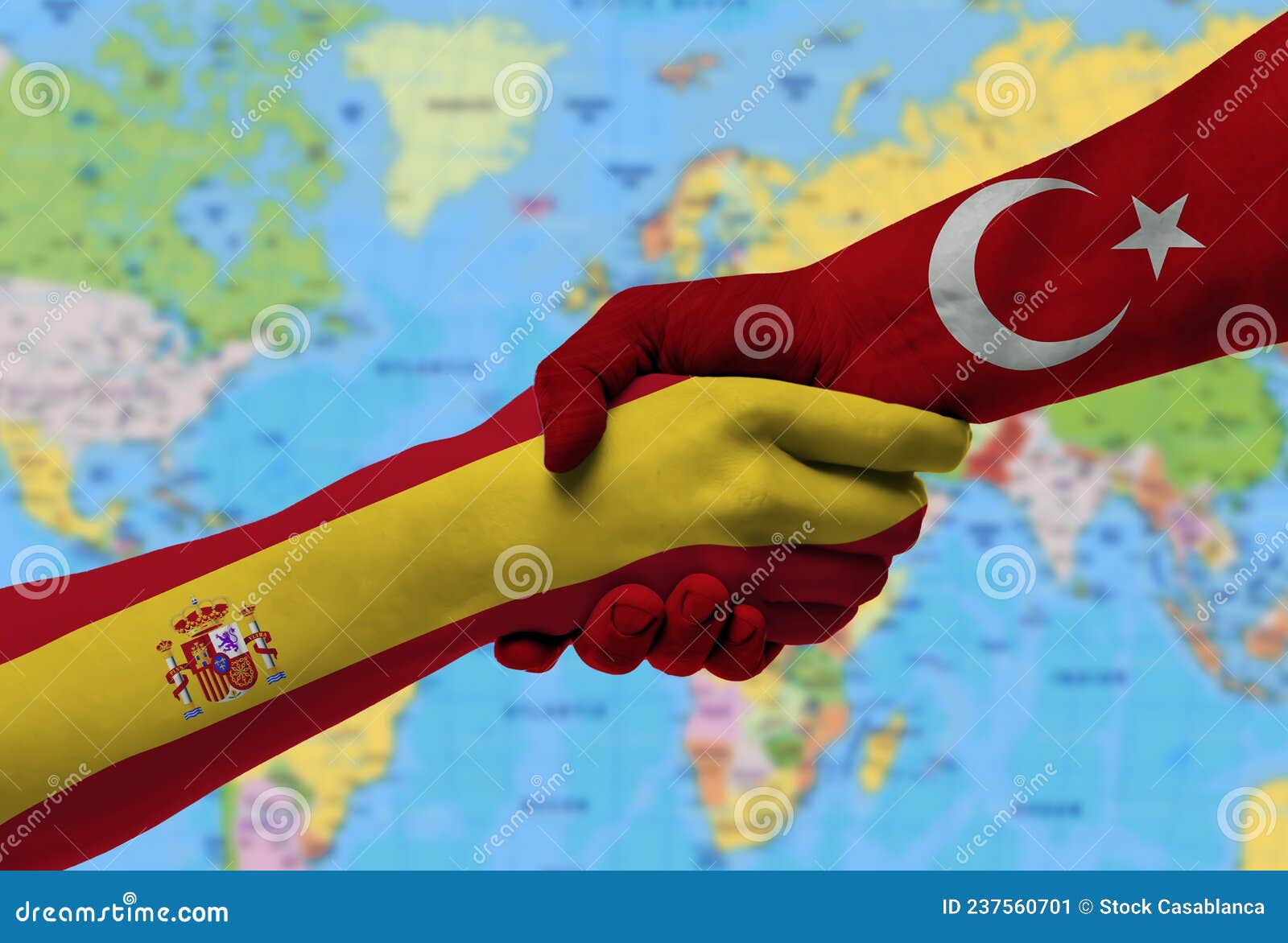 Handshake between Spain and Turkey Flags Painted on Hands. Stock Image ...