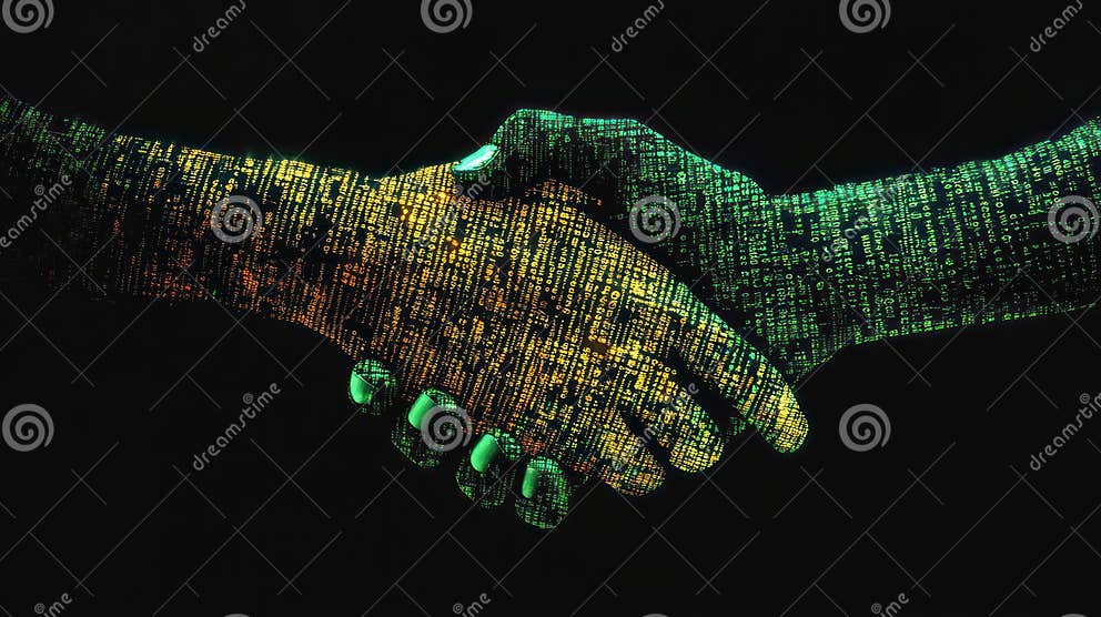 Handshake Symbolizing Collaboration in Technology, Featuring Binary ...