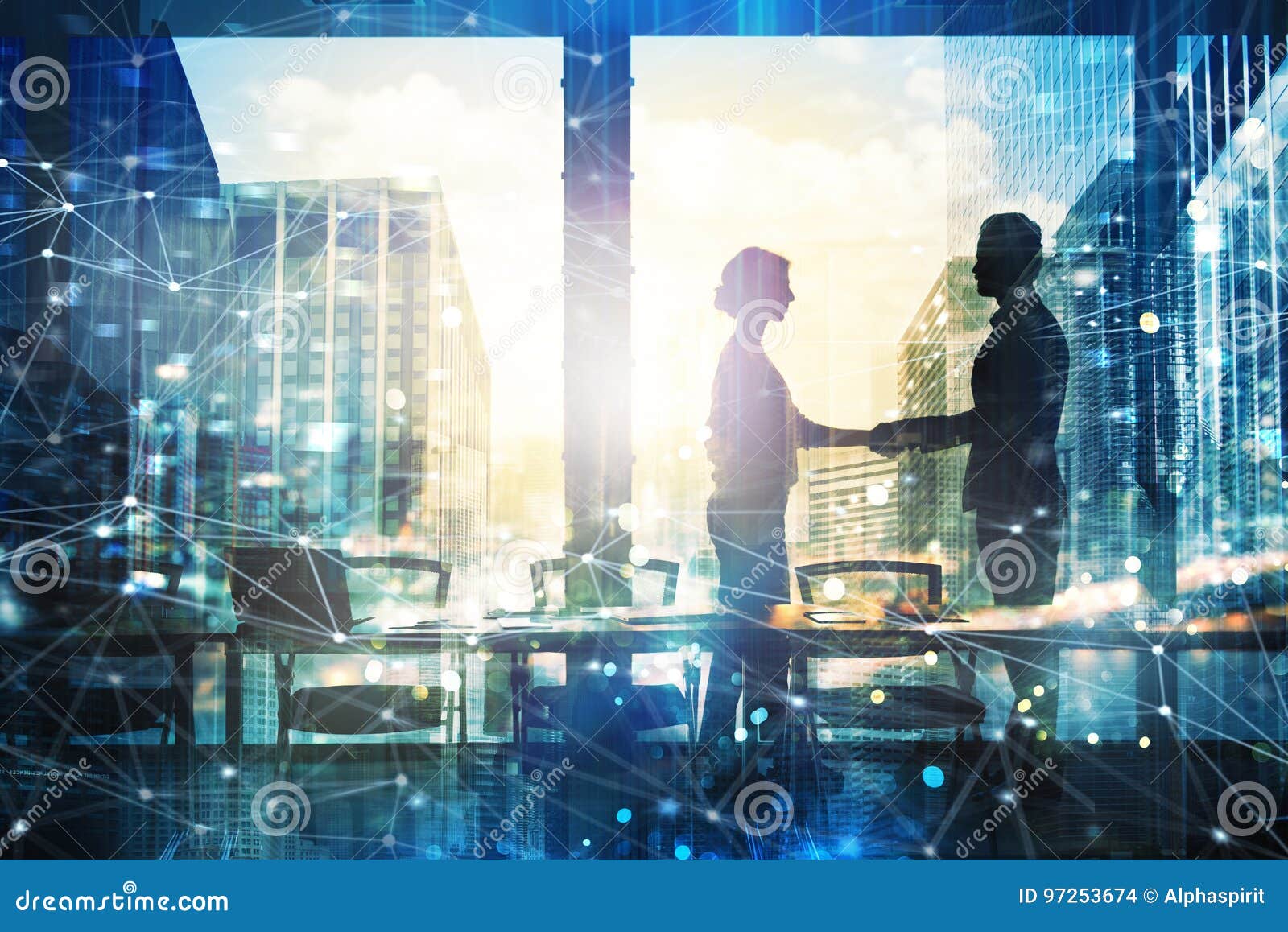 Handshake of Two Businessperson in Office with Network Effect. Concept ...