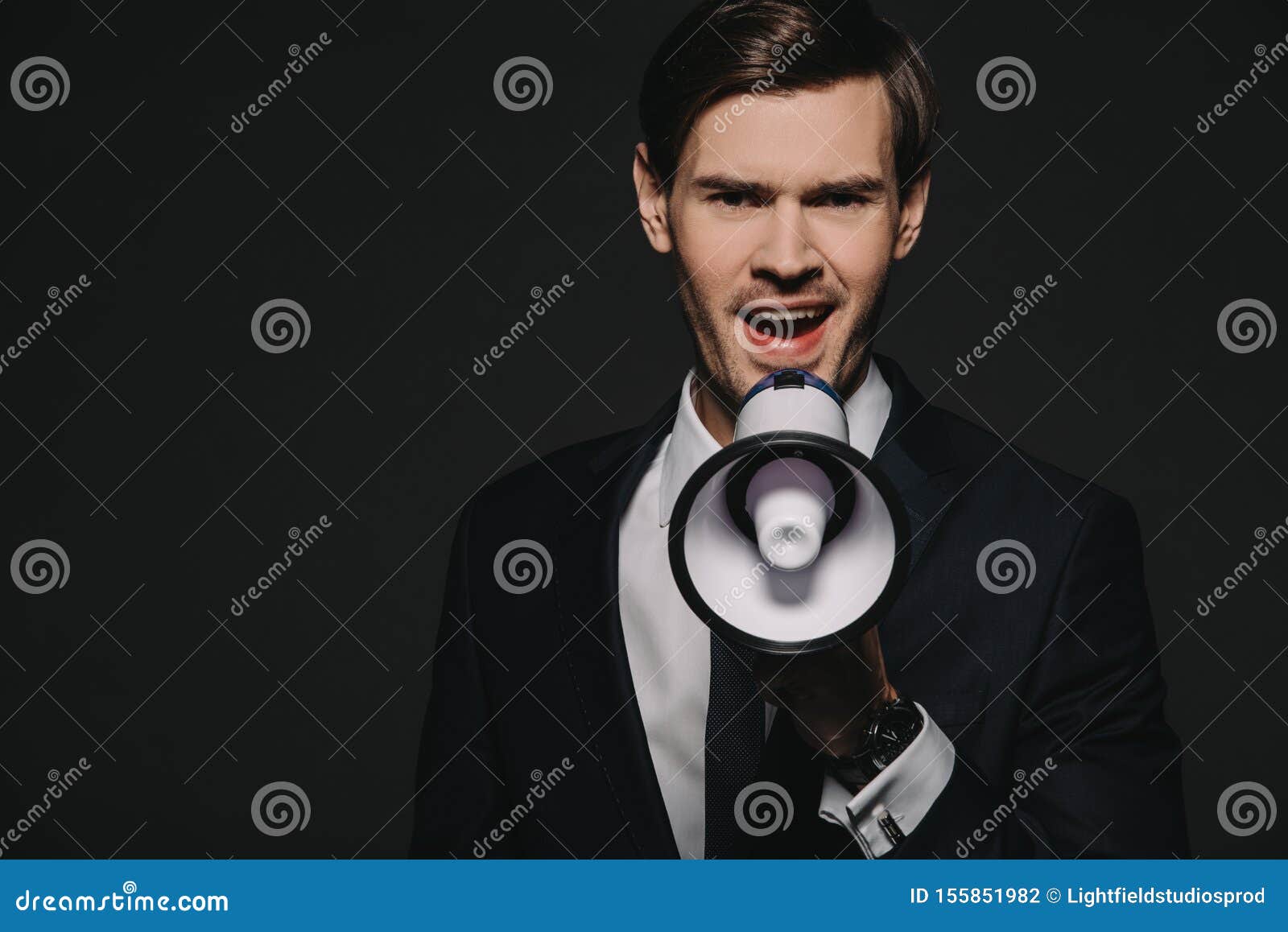 Handsmome Man in Suit Screaming in Megaphone Isolated Stock Photo ...