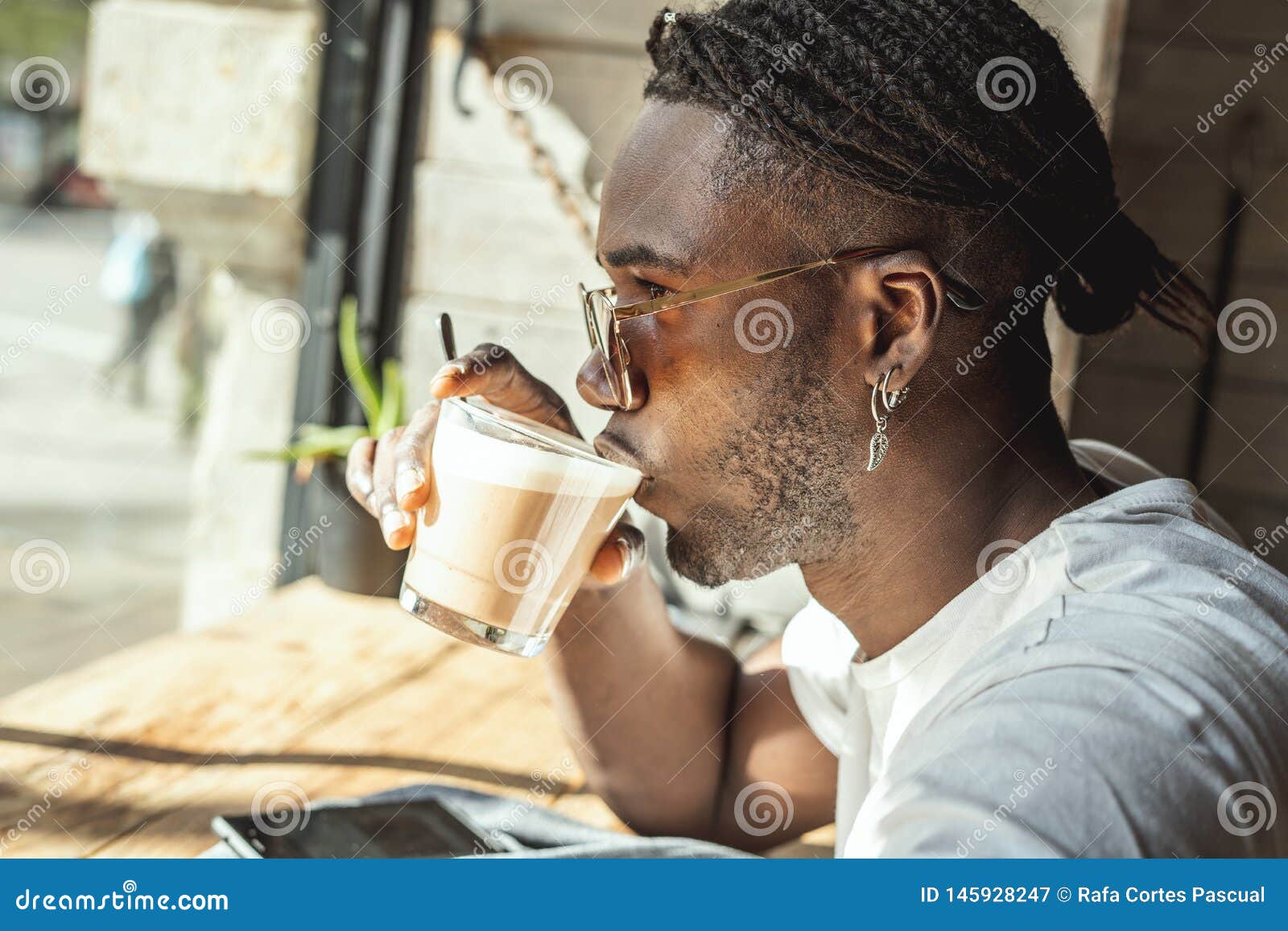 Handsome Young African American Drinking Coffee with Milk Stock Image ...