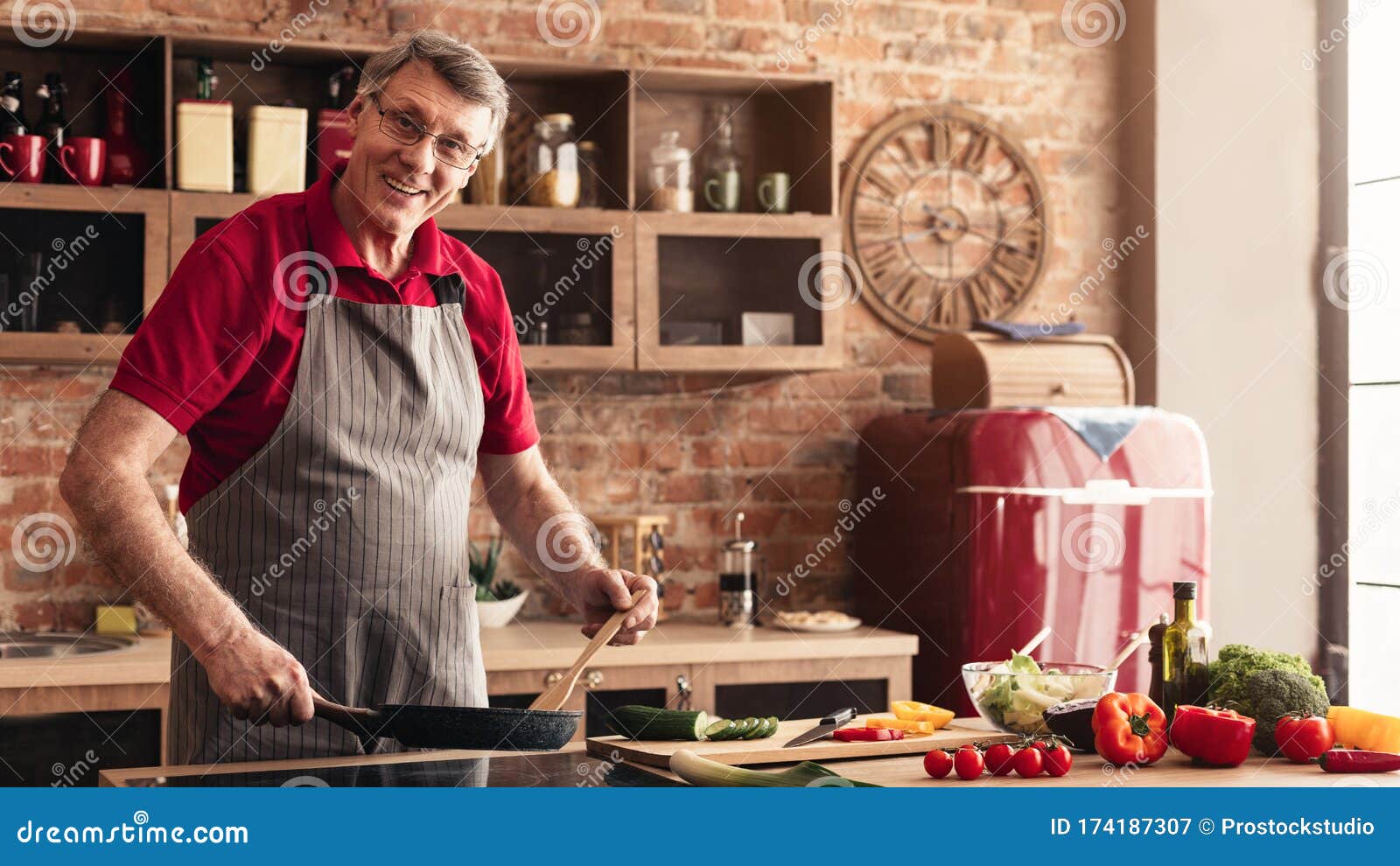 Handsome Aged Man in Apron Cooking Food in Kitchen at Home Stock Image ... Handsome Aged Man in Apron Cooking Food in Kitchen at Home Stock Image ...