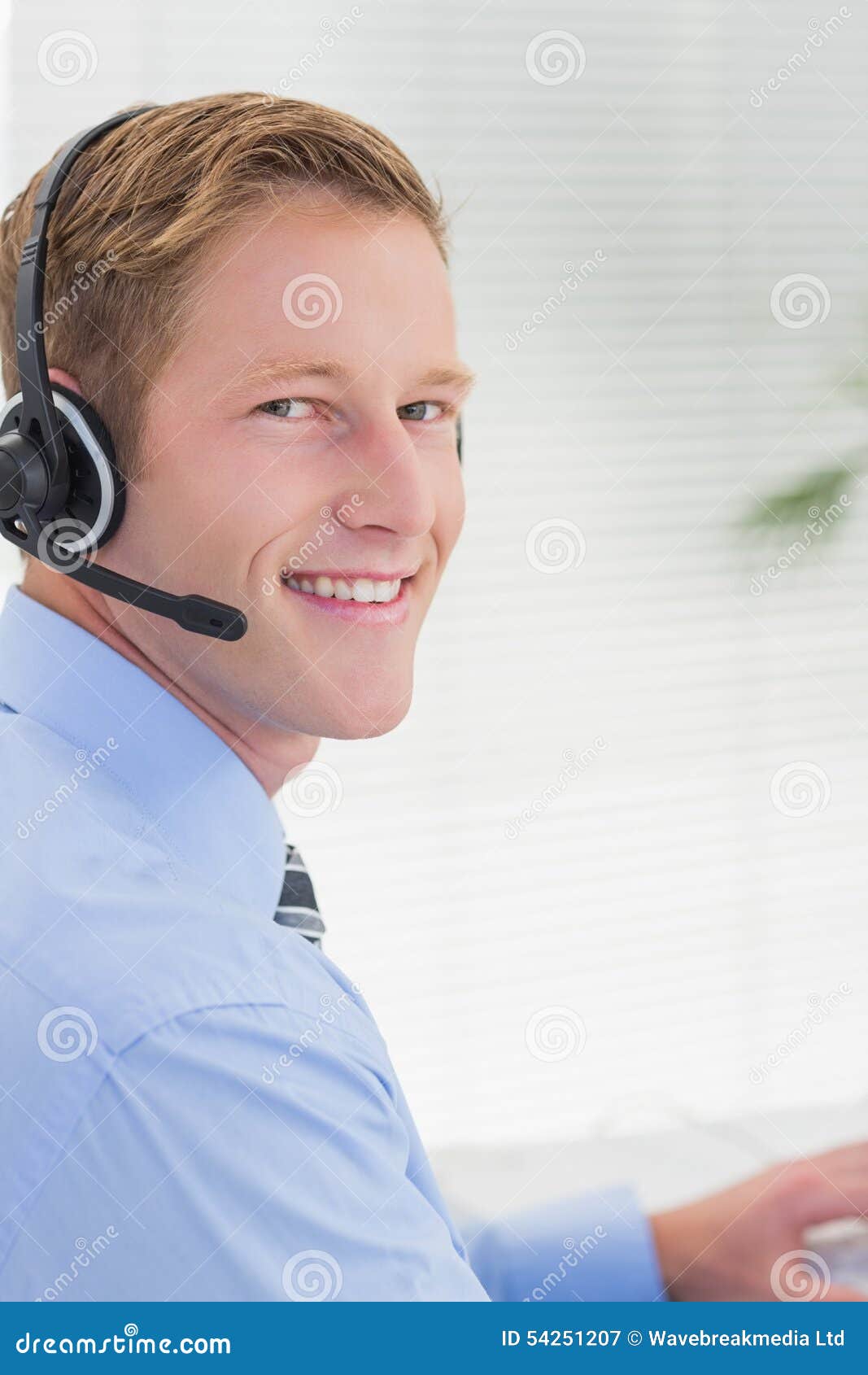 Handsome Agent with Headset Typing on Keyboard Stock Image - Image of ...
