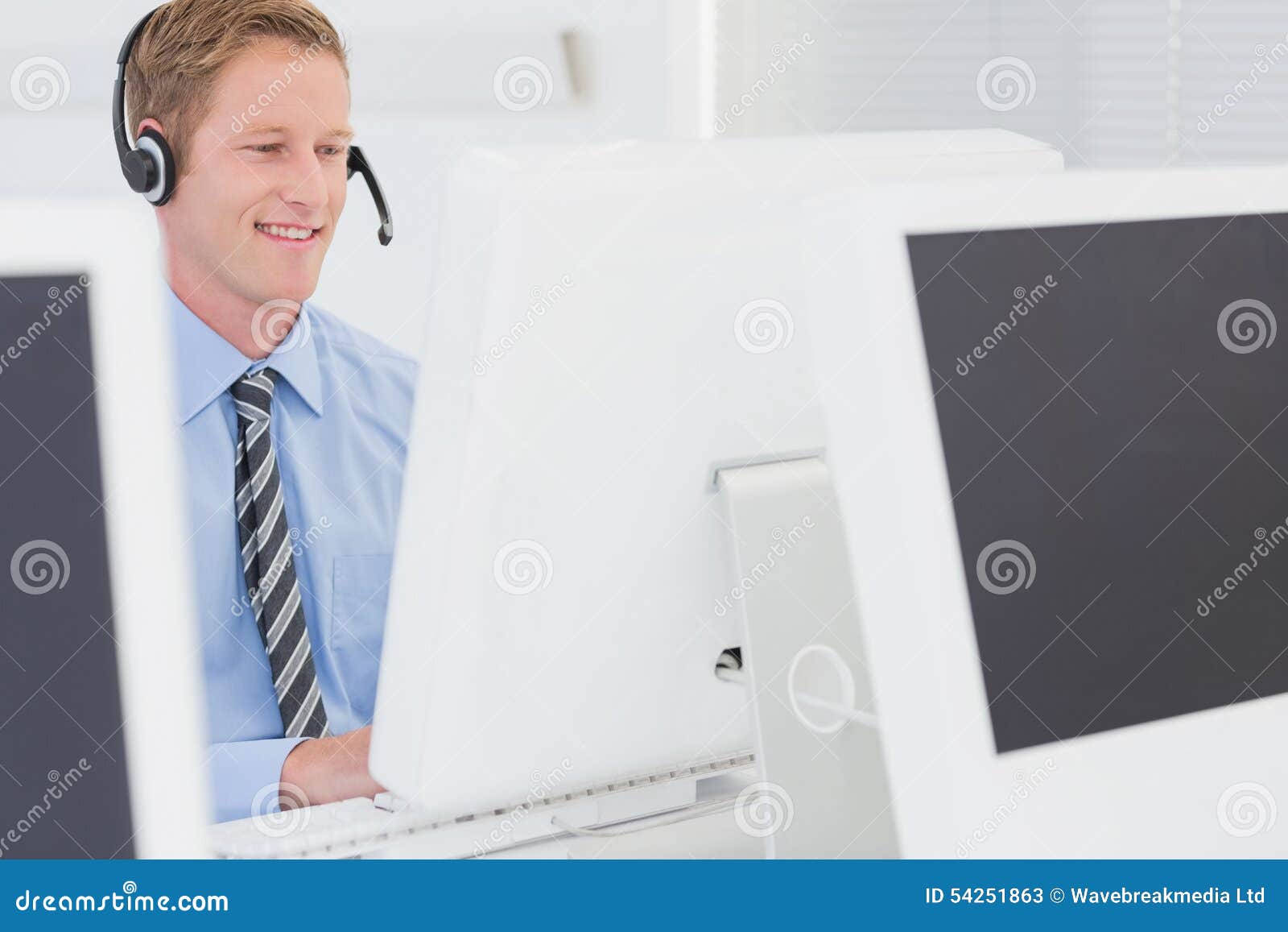 Handsome Agent with Headset Typing on Keyboard Stock Image - Image of ...