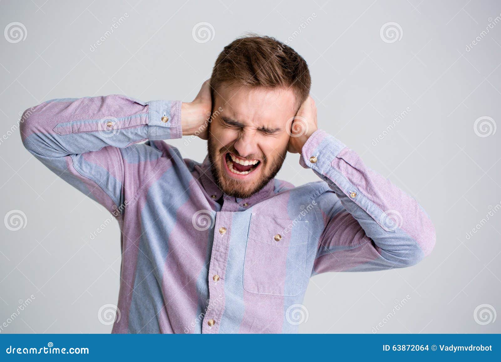 Handsome Angry Bearded Man Closed Ears by Hands and Shouting Stock ...