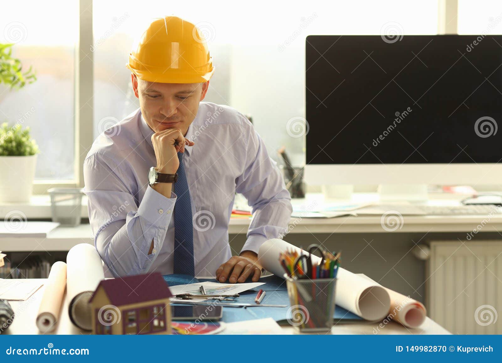 Handsome Architect Interior Blueprint Renovation Stock Photo - Image of ...