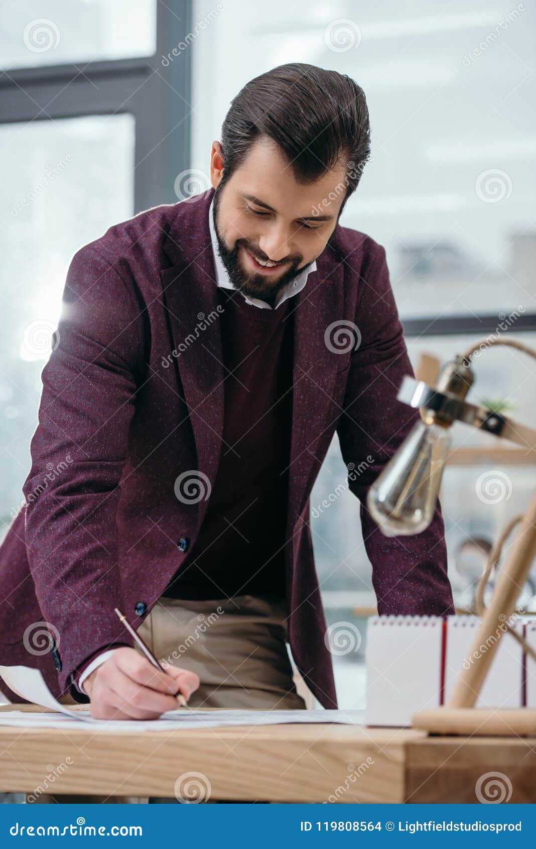 Handsome Architect Working with Blueprint in Modern Stock Photo - Image ...