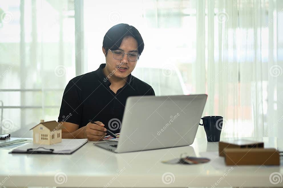 Handsome Asian Man Working with Interior Design Project at Creative ...