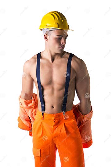 Handsome Athletic Young Construction Worker Taking Off Orange Suit ...