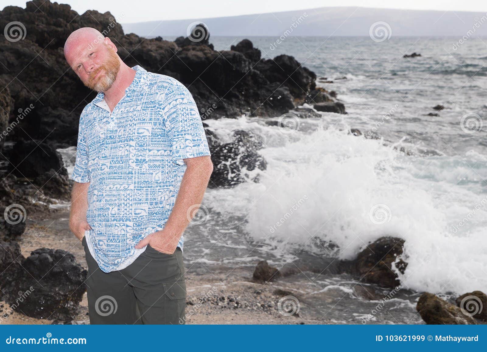 Handsome Bald Man on Island Beach Vacation Stock Image - Image of male ...