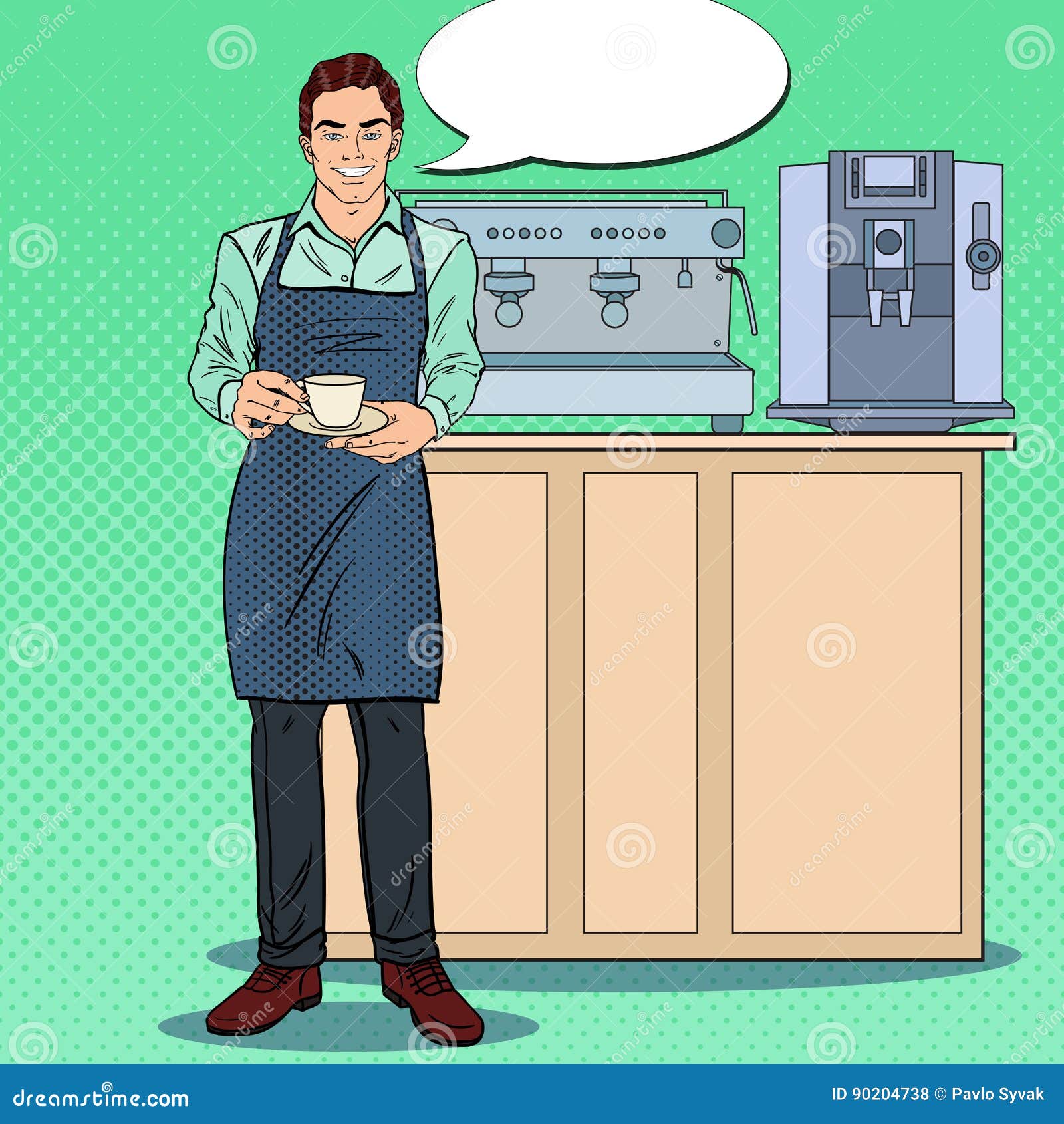 Handsome Barista with Cup of Coffee in Cafe. Pop Art Retro Illustration ...