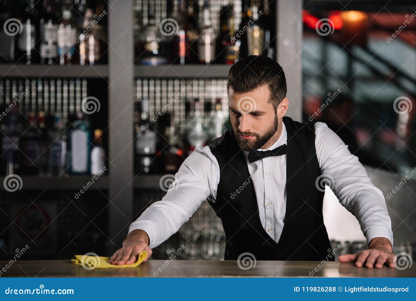 Handsome Bartender Cleaning Bar Counter Stock Photo - Image of ...