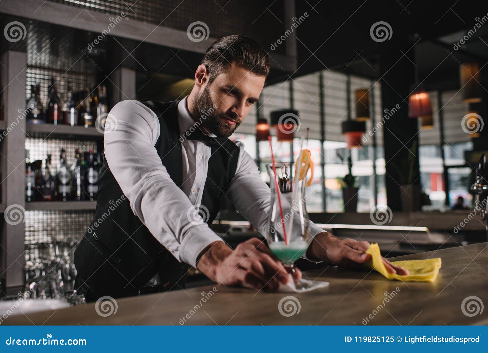 Handsome Bartender Cleaning Bar Counter Stock Image - Image of cafe ...