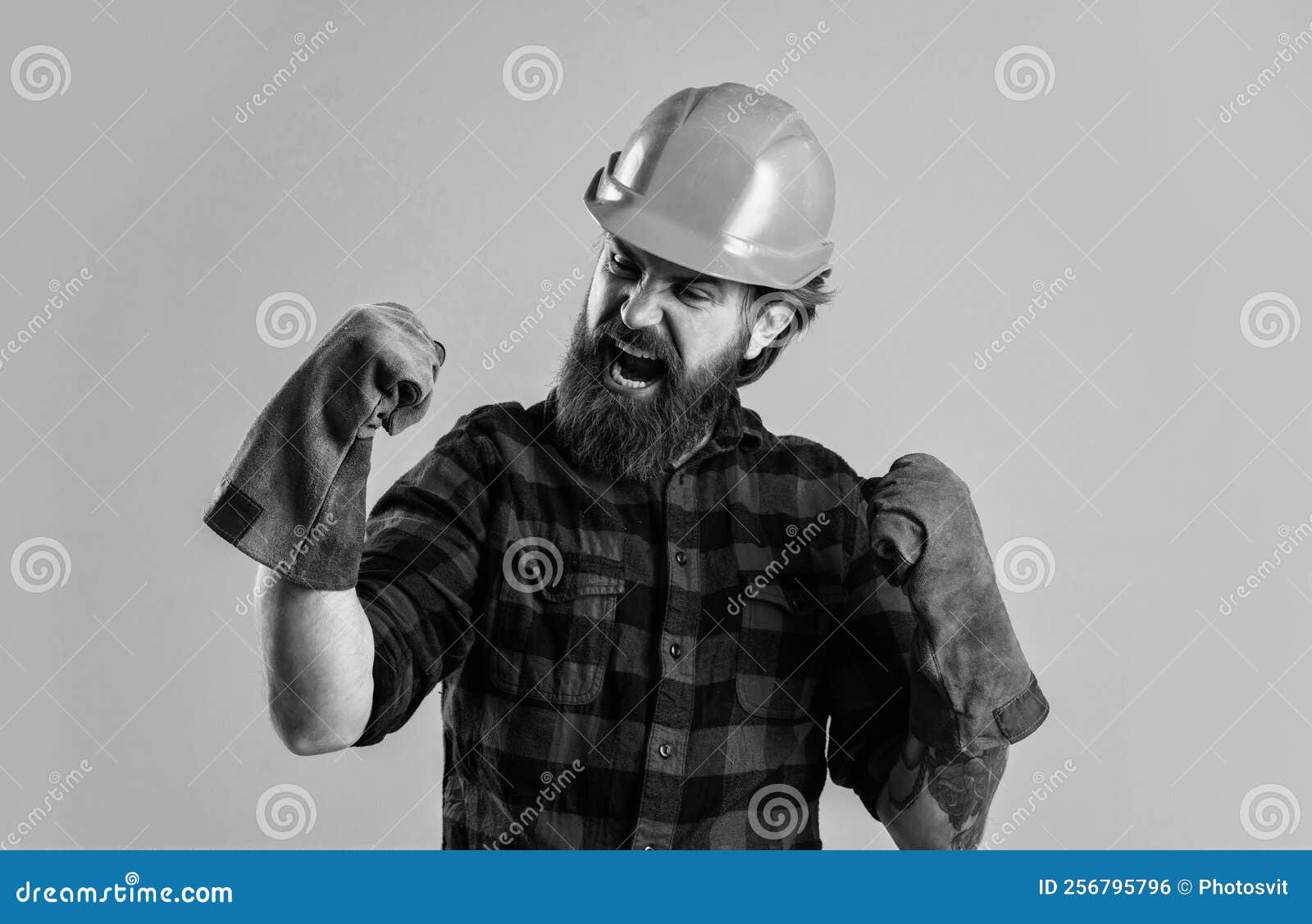 Handsome Bearded Guy with Beard and Moustache Wear Gloves, Building ...