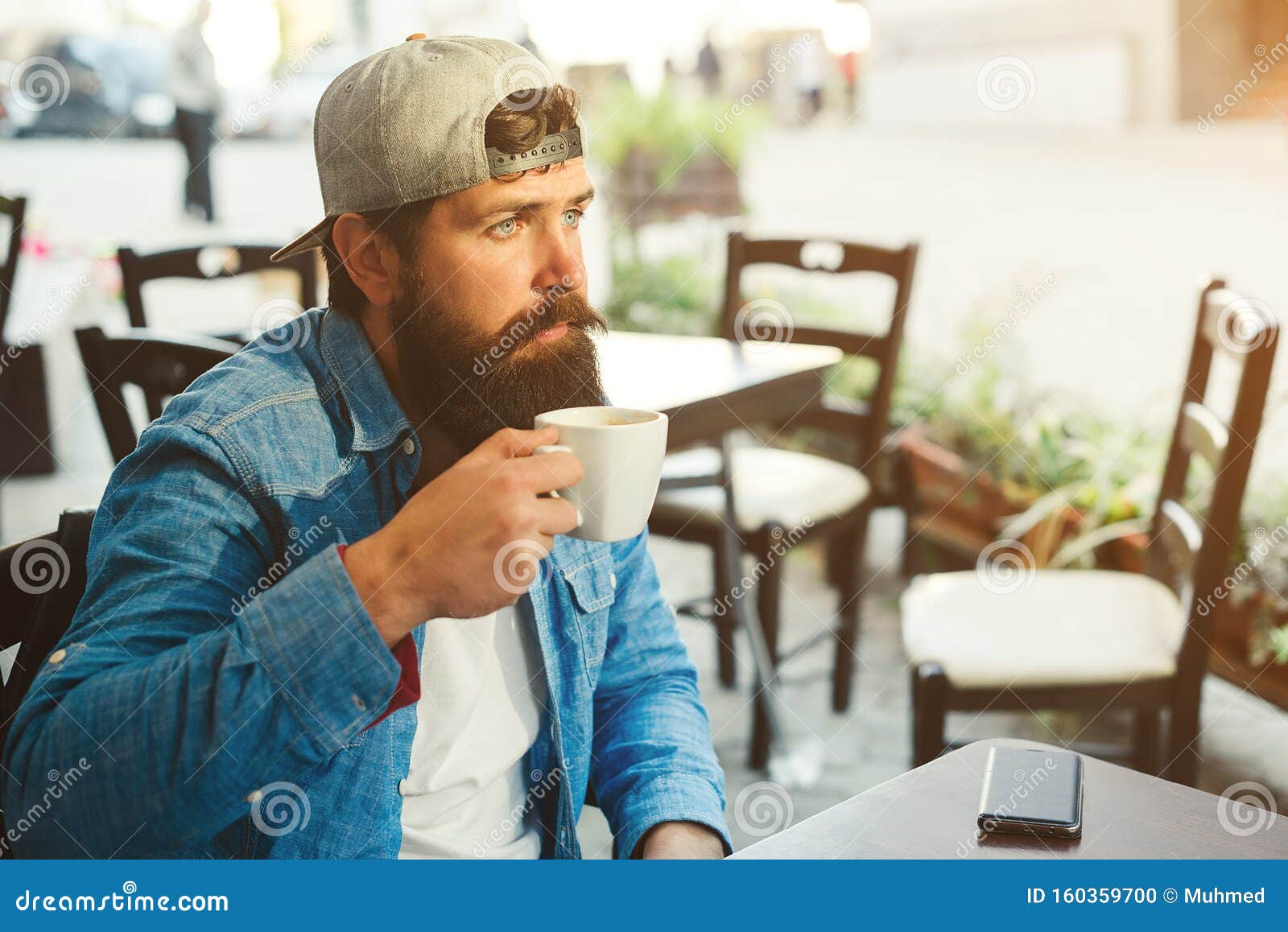 Handsome Bearded Man Drinking Coffee Outdoor Cafe Hipster Man Wears